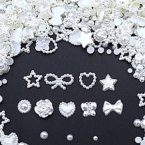 RODAKY 500Pcs Creamy-White Pearls Heart Nail Charms Cute Assorted Flatback 3D Pearls Stars Flowers Bowknots Nail Art Charms Material Embellishments for Nail Art DIY Crafts Accessories