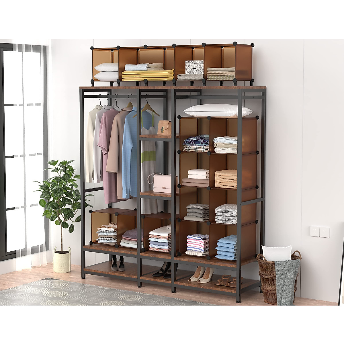HOMIDEC Cube Storage Organizer 16-Cube Storage Shelf, Closet Organizer for Garment Racks, Closet Organizers and Storage with Metal Hammer, Bookshelf for Kids, (48.4 L x 12.2 W x 48.4 H Inches)