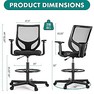 OLIXIS Tall Standing Office Desk Drafting Chair with Adjustable Foot Ring, Darkblack
