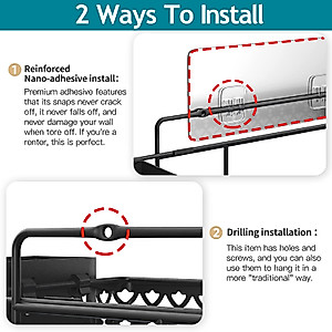 Tamomic Hanging Spice Rack Wall Mount, Over Stove Spice Organizer Shelf with Wall Hanging Utensil Holder 6 Hooks for Kitchen, Black