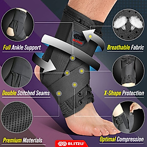 BLITZU Ankle Brace for Women and Men. Lace Up Foot Brace With Stabilizer Support. Ankle Wrap for Sprained Ankle, Tibial & Peroneal Tendonitis, Volleyball, Basketball, & Injury Recovery. (Medium)