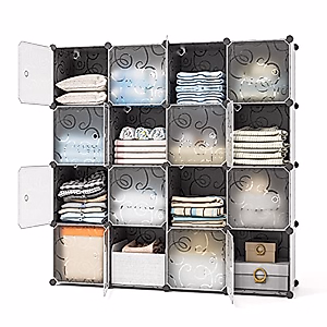 16 Cubby Clothes Storage Shelves, Cube Plastic Closet Organizer with Doors, 12" × 12" Modular , Portable Closet Wardrobe for Bedroom, Home, Black (4 × 4 Cubes)