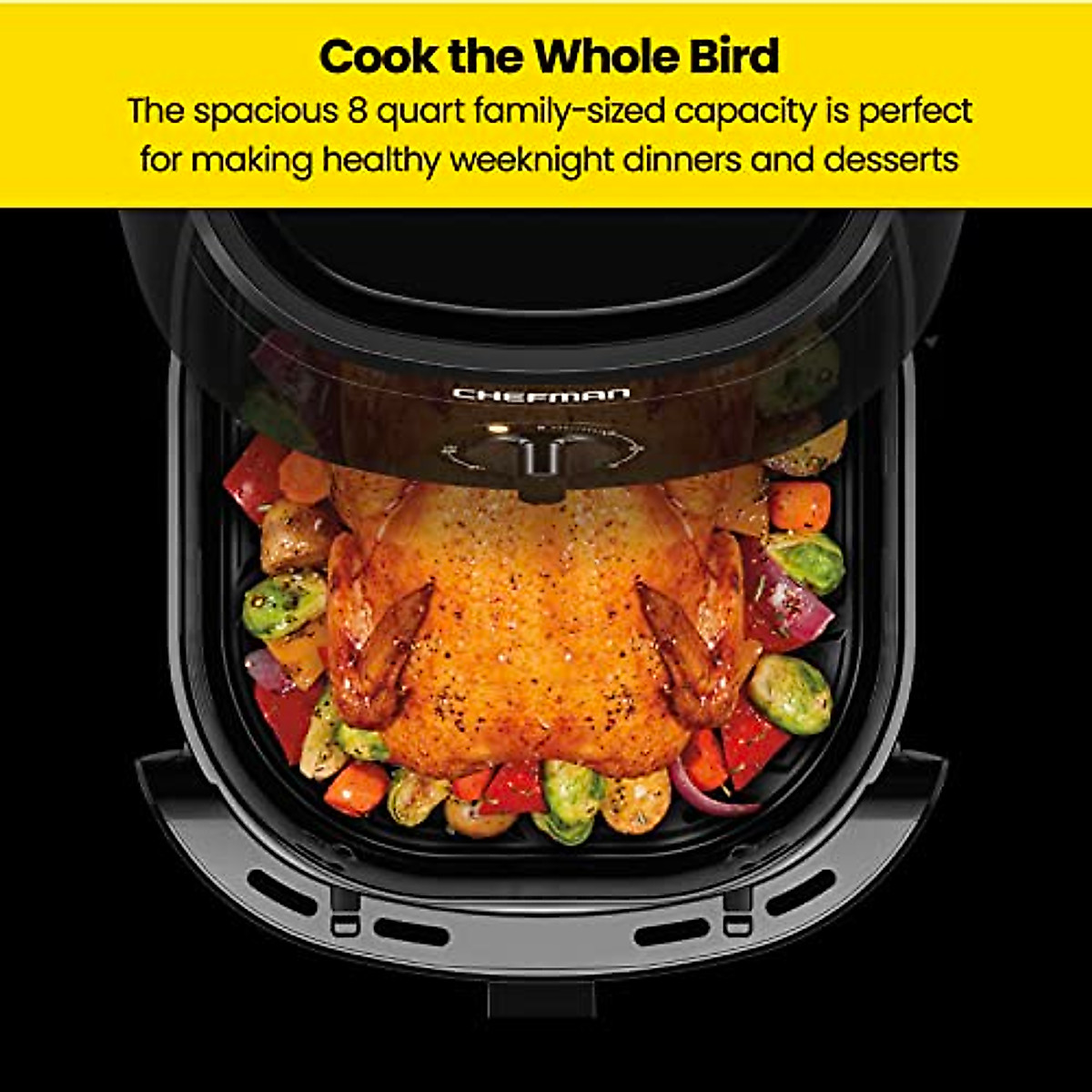 Chefman TurboFry 8-Quart Air Fryer, Integrated 60-Minute Timer for Healthy Cooking, Cook with 80% Less Oil, Adjustable Temperature Control, Nonstick Dishwasher-Safe Basket and Tray, Black