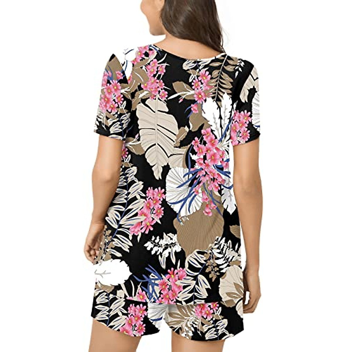 POPYOUNG 2023 Women's Summer Two Piece Pajama Sets With Pockets, Short Sleeve Tunics with comfy Shorts, Lounge Sleepwear Ladies Pjs Sets 2XL, Brown Leaves