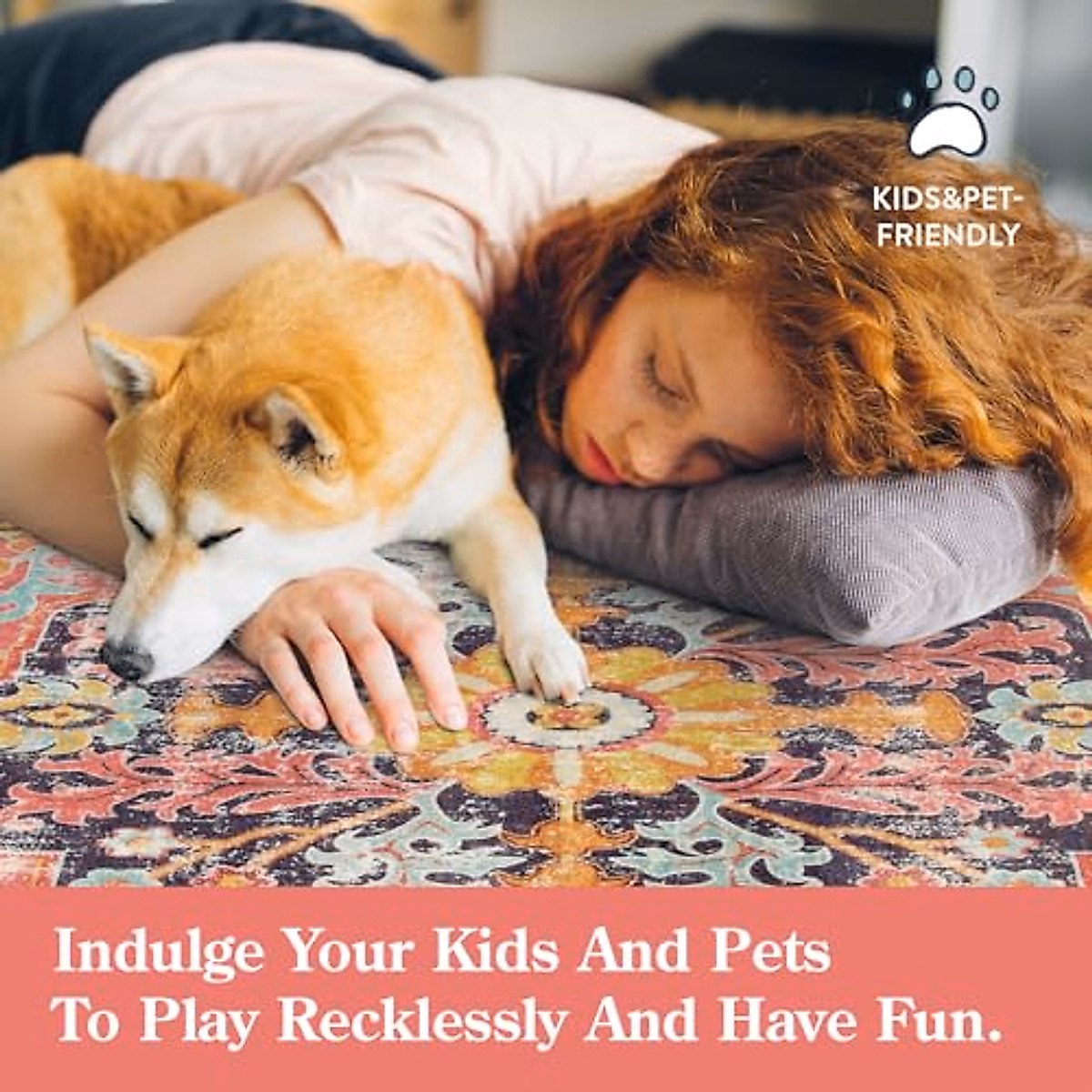 Lahome 5x7 Boho Living Room Rug Colorful Bedroom Rug, Large Bohemian Nursery Rug, Hot Pink Non-Slip Machine Washable Soft Playroom Mat Indoor Floor Accent Carpet for Dining Table Mud Room