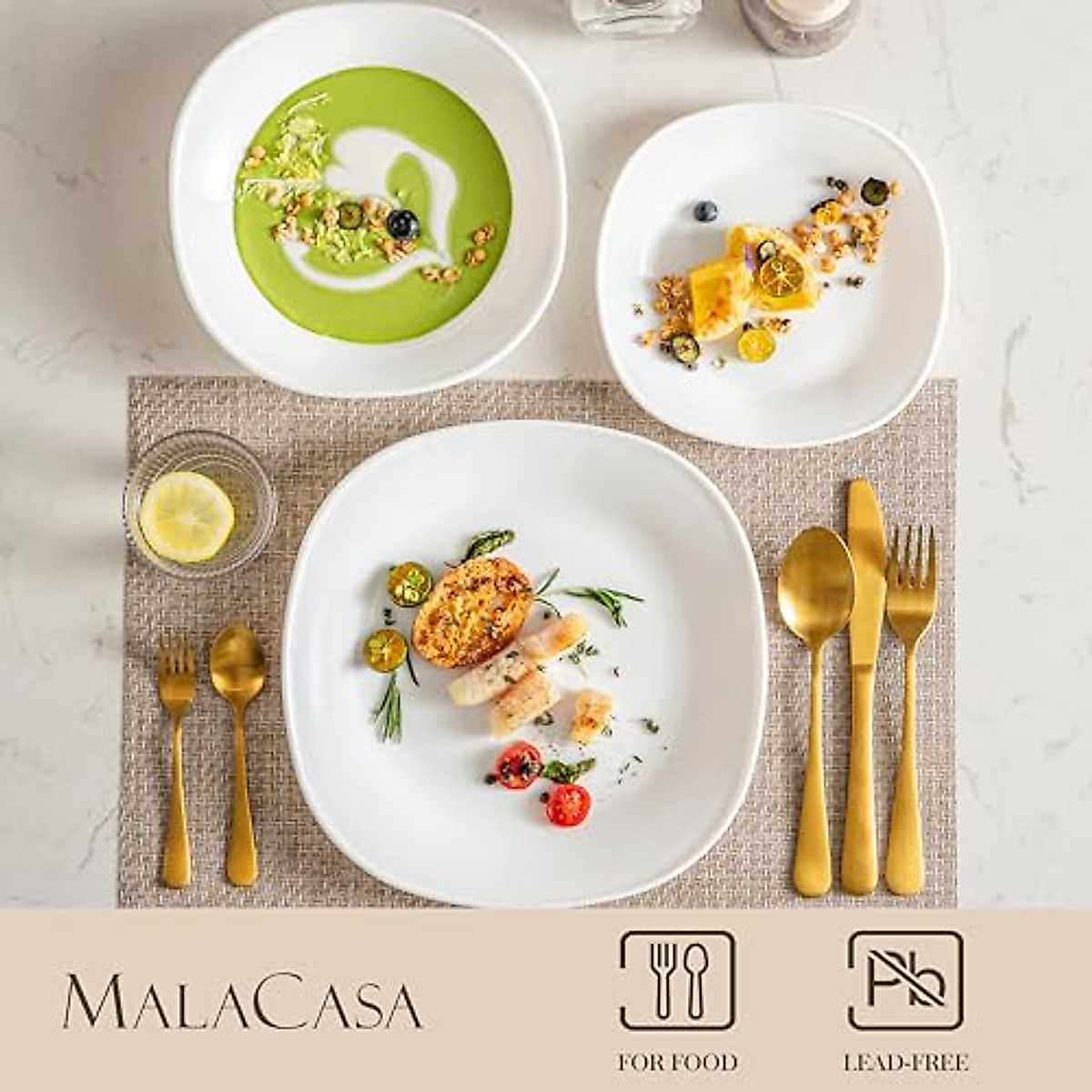 MALACASA Plates and Bowls Set for 12, Opal Glass Dinnerware Sets Chip Resistant, 36-Piece White Square Dinner Set with Plates, Dishes and Bowls, Dish Set Microwave Safe, Series Esmer