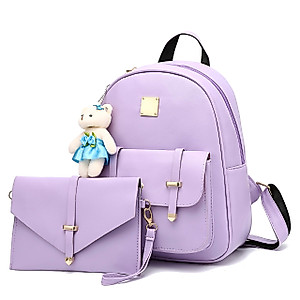 Cute Small Bag for Teen Girls Leather Bookbag Mini Purse Backpack Shoulder Bag with Cartoon Bear Keychain