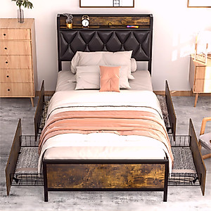 GAZHOME Twin Bed Frame with 4 Storage Drawers and Charging Station, Twin Upholstered Platform Bed Storage Headboard, No Box Spring Needed, Heavy Duty Slats, Noise Free, Easy Assembly