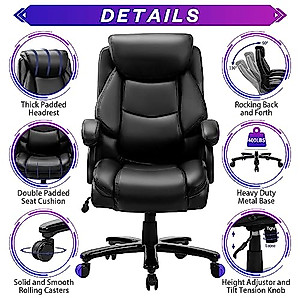 Big and Tall Office Chair 500lbs Large Heavy Duty High Back Executive Computer Office Desk Chair Height Adjustable Rocking Function Wide Thick Seat Ergonomic Desk Chair with Lumbar Back Support