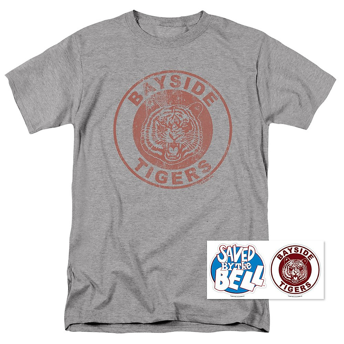 Saved By The Bell Bayside Tigers NBC T Shirt & Stickers, Distressed Logo (Athletic Heather) 3X-Large