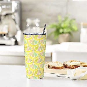 Yaxongx 20oz Tumbler Summer Fruit Lemon Double Wall Vacuum Insulated Coffee Mug with Lid and Metal Straw Brush Reusable Stainless Steel Water Bottle Travel Cup Gifts for Car Ice Drinks Hot Beverage