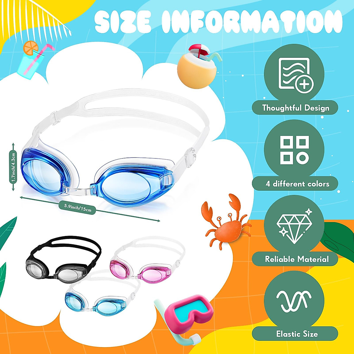 Kanayu 72 Pairs Swimming Goggles for Adult with 72 Set Ear Plug and Nose Clips Youth Anti Fog Water Sport Swim Goggles No Leaking Wide Vision Swim Glasses, 4 Color