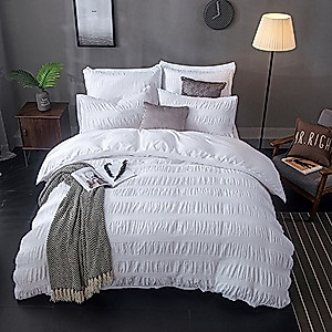 Merryfeel Seersucker Duvet Cover Set Queen,100% Cotton White Textured Striped 3 Piece Duvet Cover & Sham Bedding Set (Queen 90x90)
