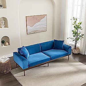 Winwee 3-Seater Sofa Couch with Metal Legs, Velvet Accent Sofa with Comfortable Seat Cushion, Modern Love-seat Sofa Couch with Two Pillows for Living Room and Bedroom (Blue)