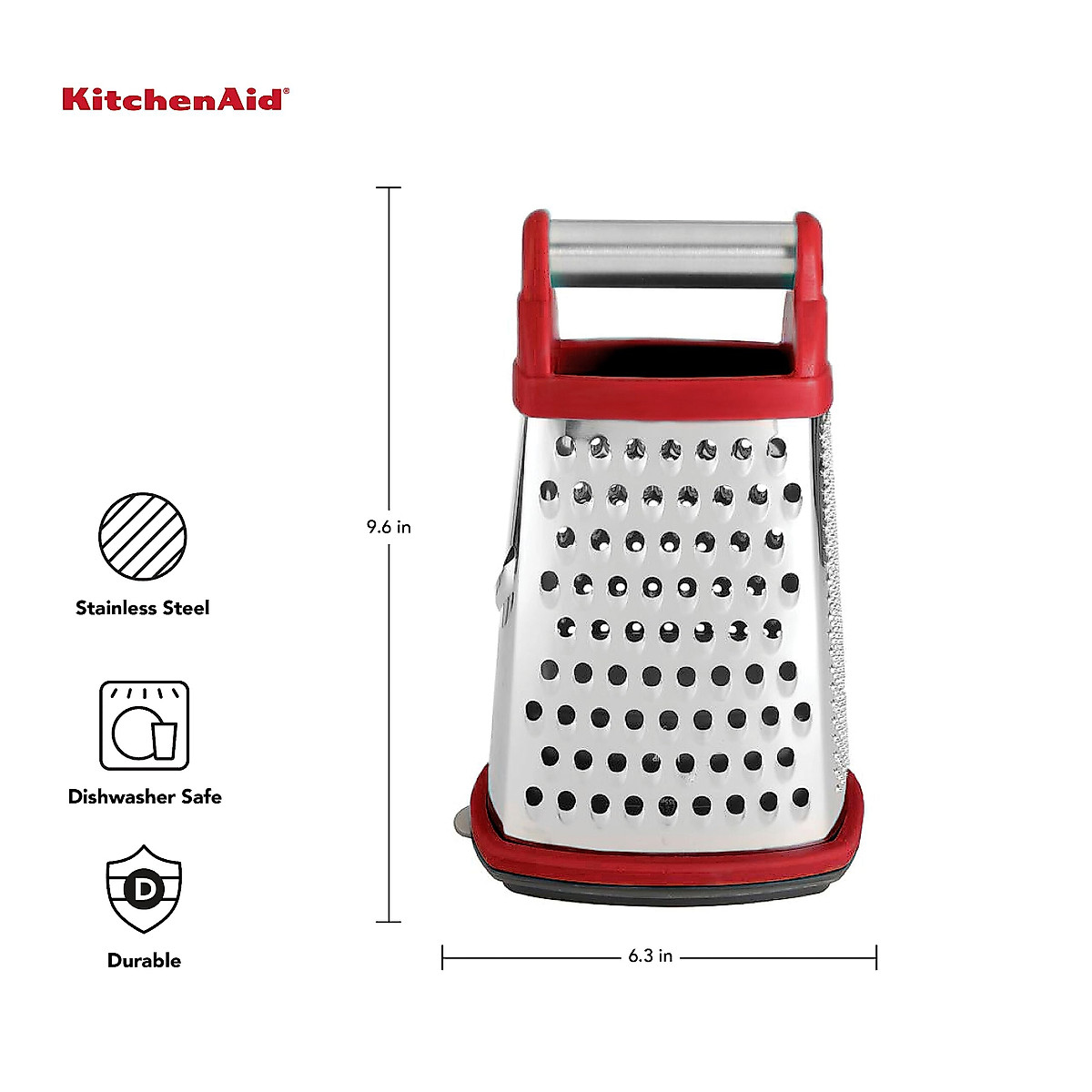 KitchenAid Gourmet 4-Sided Stainless Steel Box Grater for Fine, Medium and Coarse Grate, and Slicing, Detachable 3 Cup Storage Container and Measurment Markings, Dishwasher Safe, 10 inch, Red