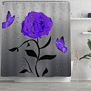 Planially 4Pcs Purple Rose Flower Shower Curtain Sets,Rose Flower Bathroom Sets with Shower Curtain, Toilet Lid Rug, Contour Mat and Bath Mat, 12 Hooks for Bathroom Set Decor,72 * 72In