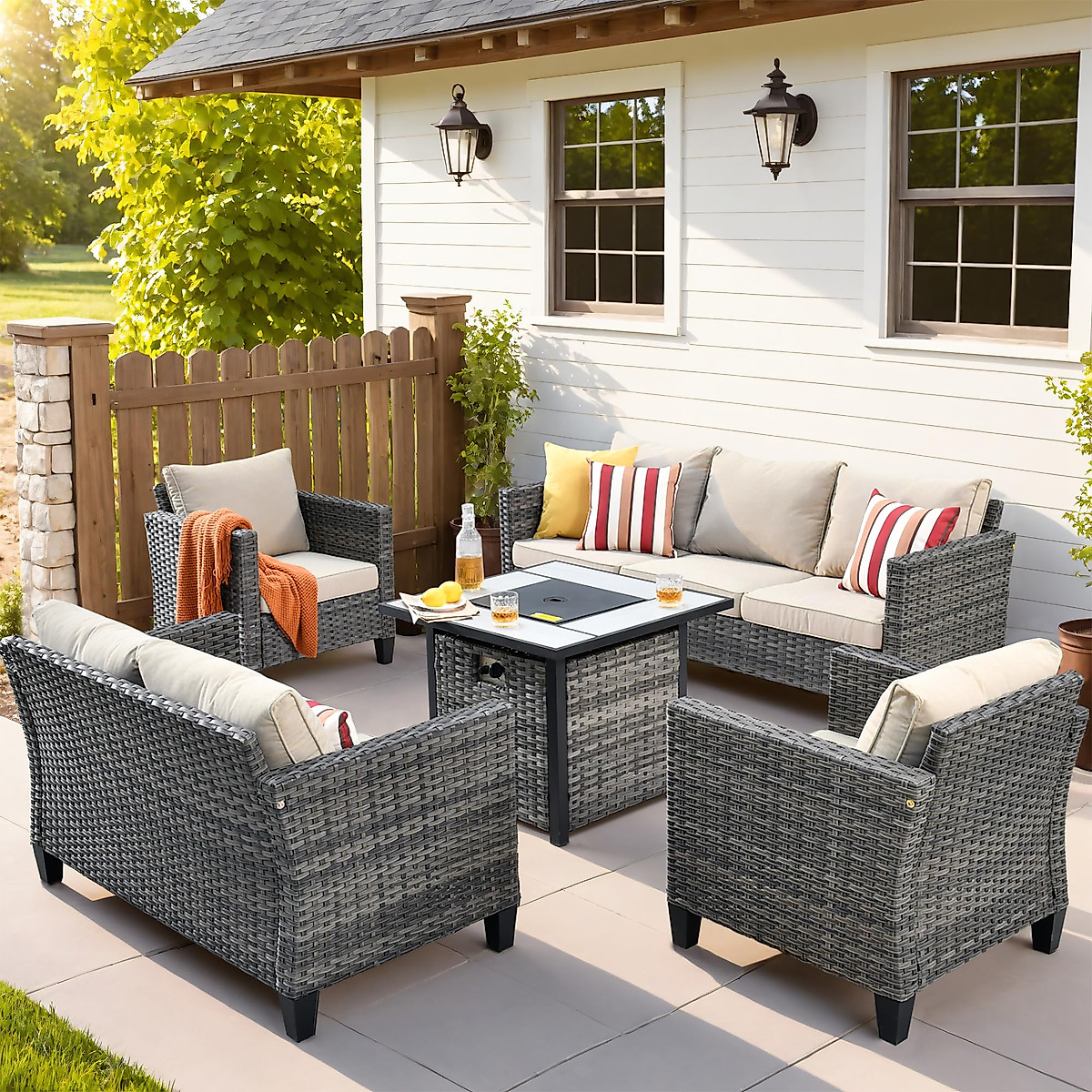 XIZZI 5 Pieces Outdoor Wicker Patio Furniture Set, All-Weather Rattan Conversation Set with Cushions, Ideal for Garden, Patio, or Backyard, Grey Wicker Grey Cushion