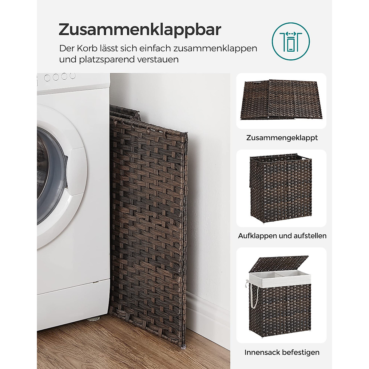 SONGMICS Handwoven Laundry Basket, 90L Synthetic Rattan Wicker Clothes Hamper with Lid and Handles (Brown)