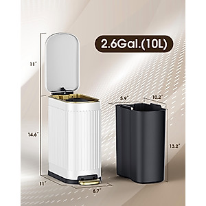 CEROELDA White Bathroom Trash Can with Lid-10L/2.6 Gallon Stainless Steel Step Slim Garbage Can-Rectangle Pedal Trash Bin for Narrow Office, Kitchen, Bedroom, Toilet-Soft Close (B-White/2.6 Gallon)