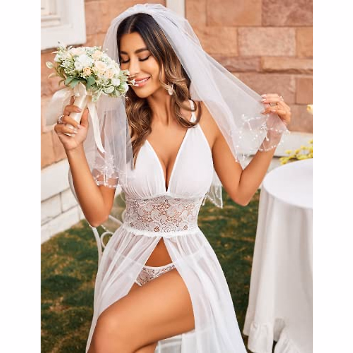 Avidlove Women Lace Babydoll Mesh Sleepwear Elegant Long Gown Sexy Halter Nightwear Split Maxi Lingerie Dress White L