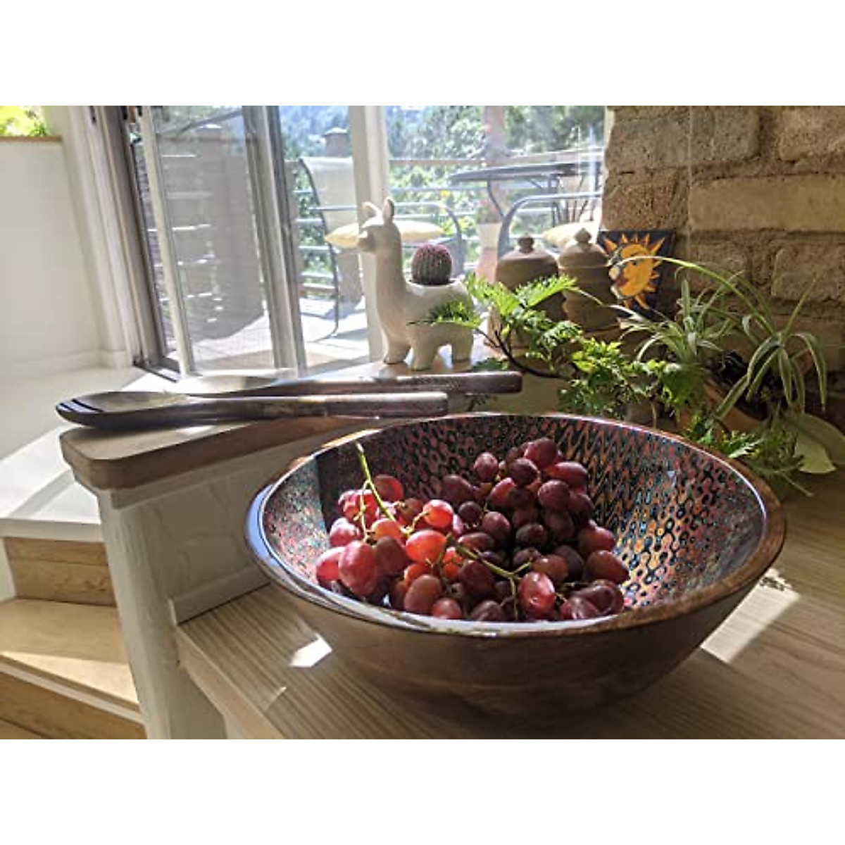 Decorative Wooden Bowl with Server Spoons - Mango Wood Enamel Serving Bowls for Mixing Fruit Salad Pasta Popcorn Cereal Soup 12" Diameter - Large Centerpiece Dish