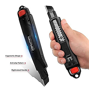 HAUTMEC 18mm Extra Heavy Duty Utility Knife with Double Lock Mechanism, Auto-Lock and Ratchet- Lock for Double Safety, SK2 Sharp Black Blade for Industrial or Construction Applications HT0136-KN