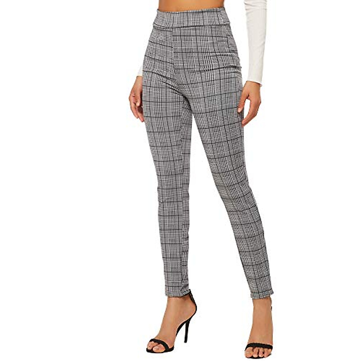 SweatyRocks Women's Casual Skinny Leggings Stretchy High Waisted Work Pants Black White Plaid Medium