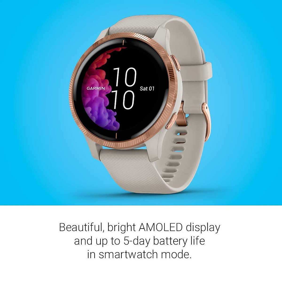 Garmin Venu - GPS Smartwatch with Bright Touchscreen Display - Music, Body Energy Monitoring, Animated Workouts, Pulse Ox Sensor and More - Rose Gold with Tan Band (Renewed)