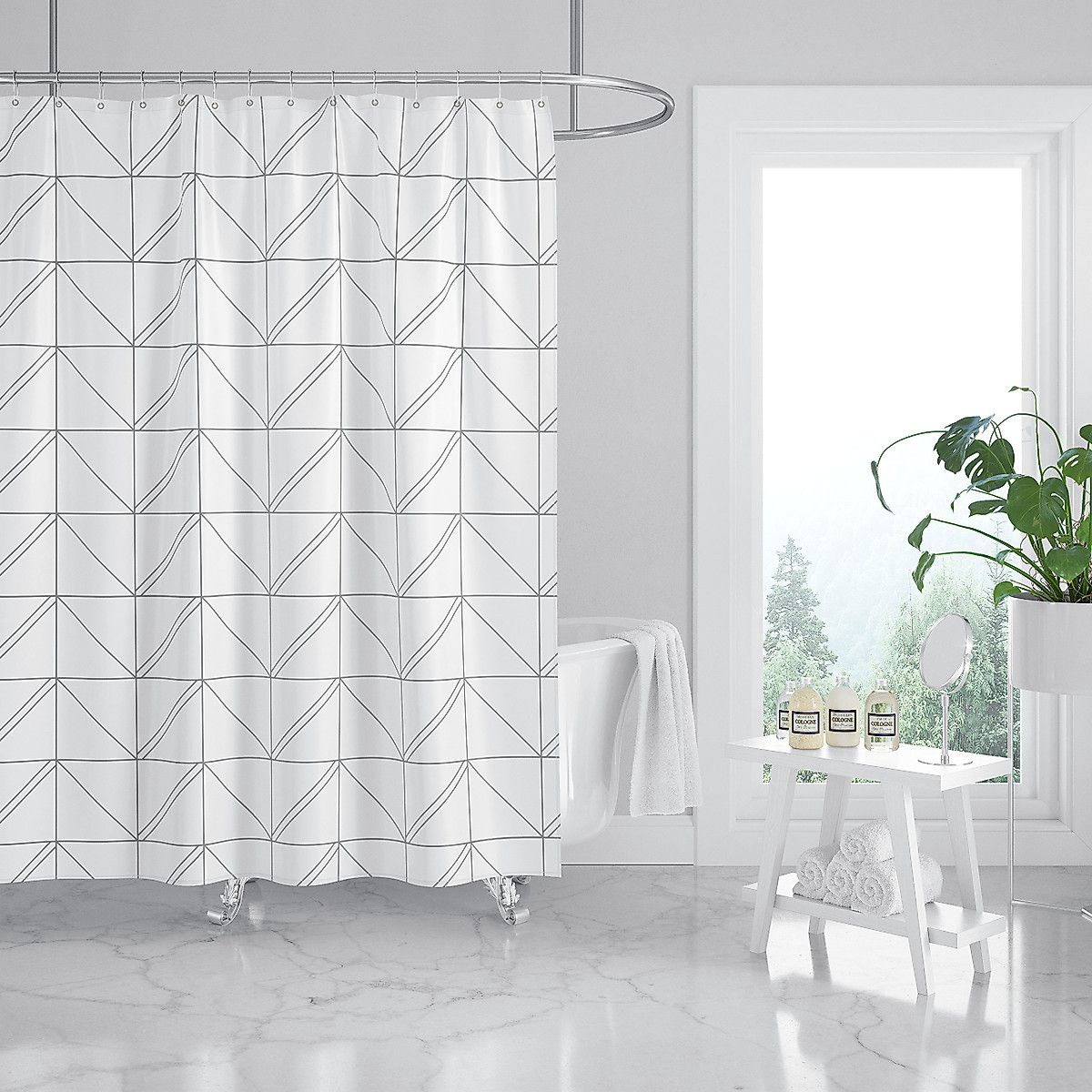 Horizon Home Essentials Modern Luxury Geometric Shower Curtain for Bathroom (White and Grey)