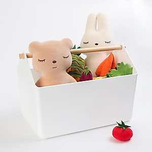 BLUE GINKGO Multipurpose Storage Baskets - 10.5L Large Plastic Storage Bins with Wooden Handles | Home, Kitchen, Bathroom, Nursery Storage Organizer (Made in Korea) - White