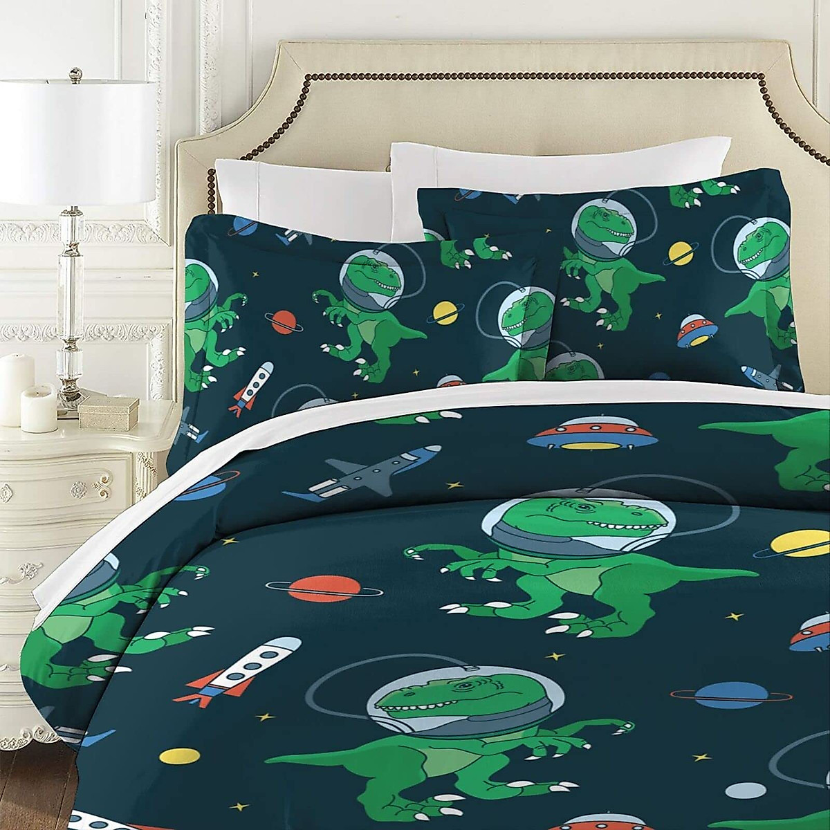 Dinosaurs Spaceship Duvet Cover Twin Size Comforter Cover Soft Bedding Sets 3 Piece with 2 Pillow Shams for Boy Gril
