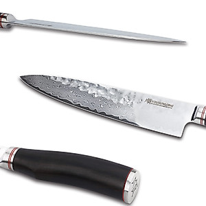 YOUSUNLONG Gyuto 10 inch Pro Chef's Knives Japanese Hammered Damascus Natural Leadwood Handle with Leather Sheath