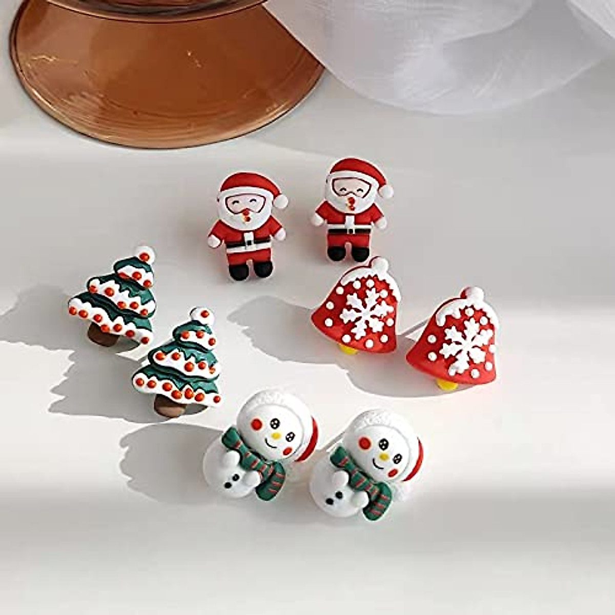 Charistmas Earring Set for Women, 5 Pairs Cute Resin Christmas Stud Earrings,Christmas Trees, Bells,Santa Claus,Snowman,elk Earrings (Red)