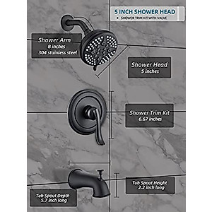 Shower System with Tub Spout, Bathroom Rain Mixer Shower Combo Set, Single Handle Shower Faucet with Valve Matte Black