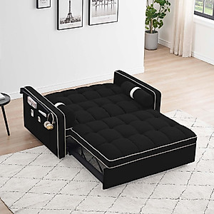 Antetek Upgraded Sleeper Sofa Couch Bed with Phone Holder, 3 in 1 Small Modern Convertible Velvet Loveseat Futon Sofa w/Pullout Bed, Adjustable Backrest for Living Room Apartment, Small Space, Black