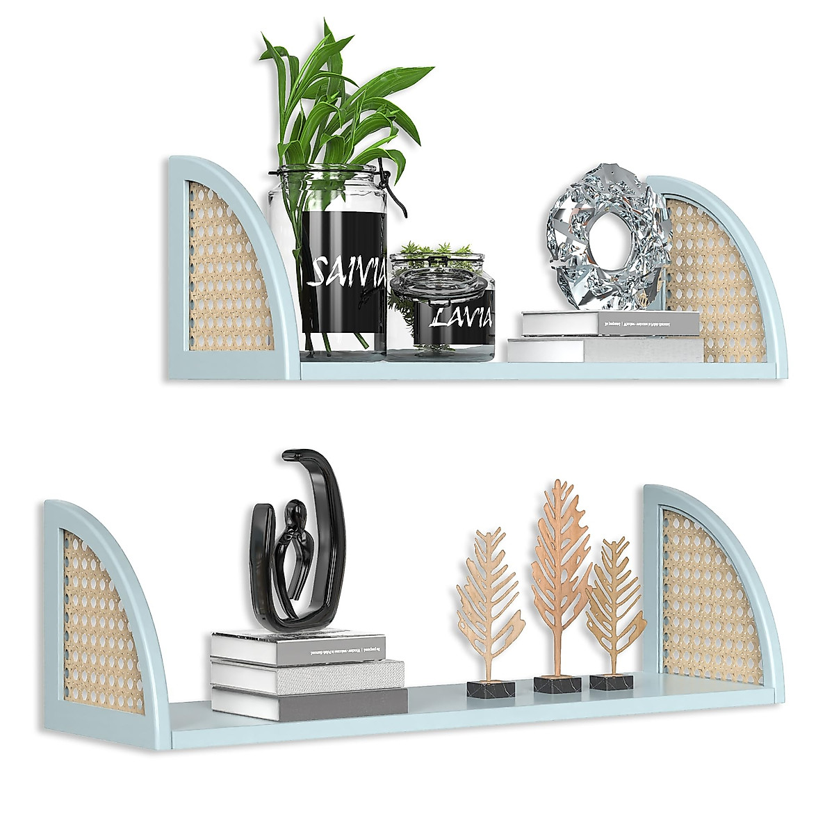 PJCOLL Floating Shelves for Wall,Rattan Wall Mounted Shelves for Wall Decor,Sturdy Wood Bathroom Shelves for Kitchen,Bedroom,Living Room,24.8 * 7.68 inch,Set of 2,Blue