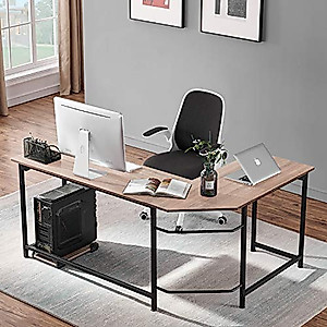 VECELO Computer Desk L Shaped with CPU Stand/PC Laptop Study Writing Table Workstation for Home Office Wood & Metal,Oak,66"