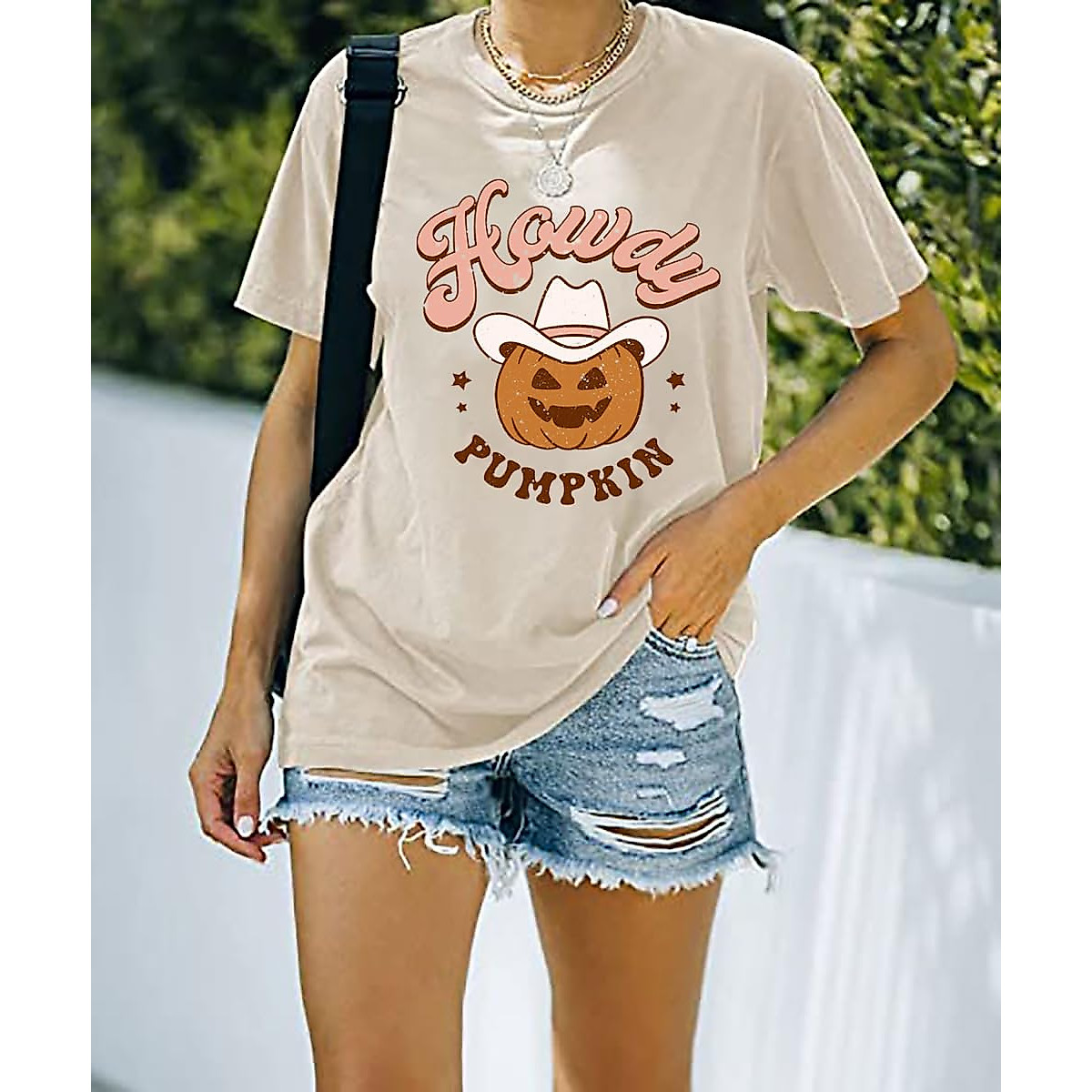 Howdy Pumpkin Shirt Women Western Halloween Tshirt Retro Vintage Pumpkin T-Shirt Cute Fall Tops Cowgirl Party Tee (XXL,Beige)
