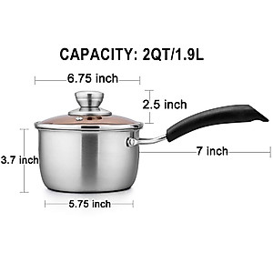 TeamFar Saucepan with Lid, 2 qt Sauce Cooking Pot Milk Pan Stainless Steel, Professional with Long Heatproof Handle for Home Kitchen Restaurant, Healthy & Non Toxic, Multi-use & Dishwasher Safe