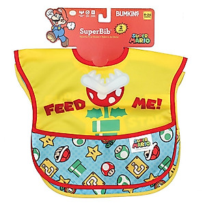 Bumkins Nintendo Bibs for Girl or Boy, SuperBib Baby and Toddler for 6-24 Months, Essential Must Have for Eating, Feeding, Baby Led Weaning, Waterproof Soft Fabric, 2-pk Super Mario Expressions