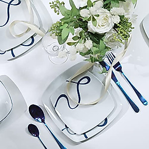 Square Porcelain Plates and Bowls Sets, Simple Lines Ceramic Dinnerware Sets, Service for 6, 18-Piece Dishes Set, Dishwasher Safe, Microwave Safe (Blue Ribbon)