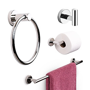 MARMOLUX ACC Bathroom Hardware Set Towel Racks 4 Pieces Hand Towel Ring Holder-Toilet Paper Holder-Towel Hook-Towel Bar Heavy Duty Wall Mount Bathroom Accessories SUS 304 Stainless Steel Mirror Finish