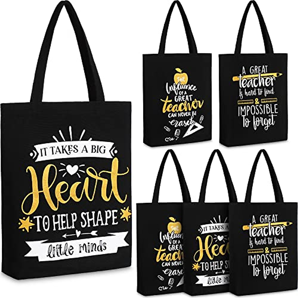 6 Pcs Teacher Tote Bag, Teacher Appreciation Gifts for Women, Teacher Appreciation Canvas Totes Bag, Teachers Gifts for Teachers Graduation Thanksgiving Day Christmas Gifts Teacher End of Year Gifts