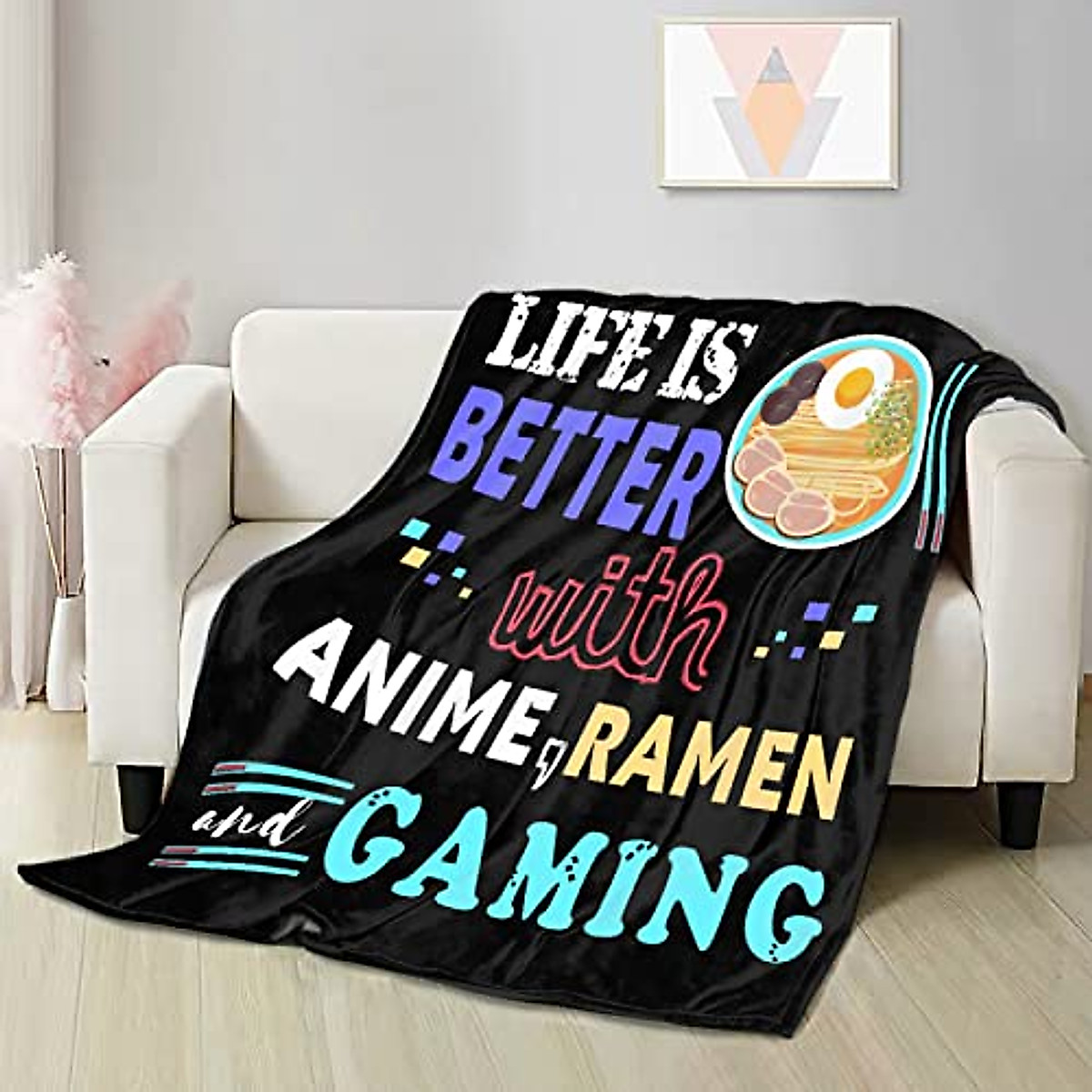 Ramen Noodle Blanket Throw,Life is Better with Gaming Ramen Anime Gifts for Kids Boys Men Soft Lightweight Plush Fleece Quilt 80 in x 60 in Large for Adults