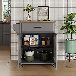 Tornama Kitchen Island with Storage, Rolling Kitchen Island on Wheels with Solid Wood Countertop, Kitchen Island Cart with Rattan Storage Cabinet, Spice Rack, Towel Rack and Drawers, Grey