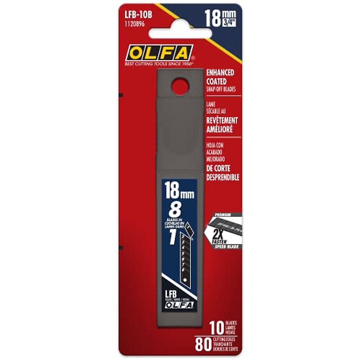 OLFA 18mm Heavy Duty Extra Sharp Snap Off Replacement Blades, 10 Blades (80 segments) LFB-10B - Snap-Off Non Stick Utility Knife Speed Blades, 25% Sharper than Silver, Fits any 18mm Utility Knife