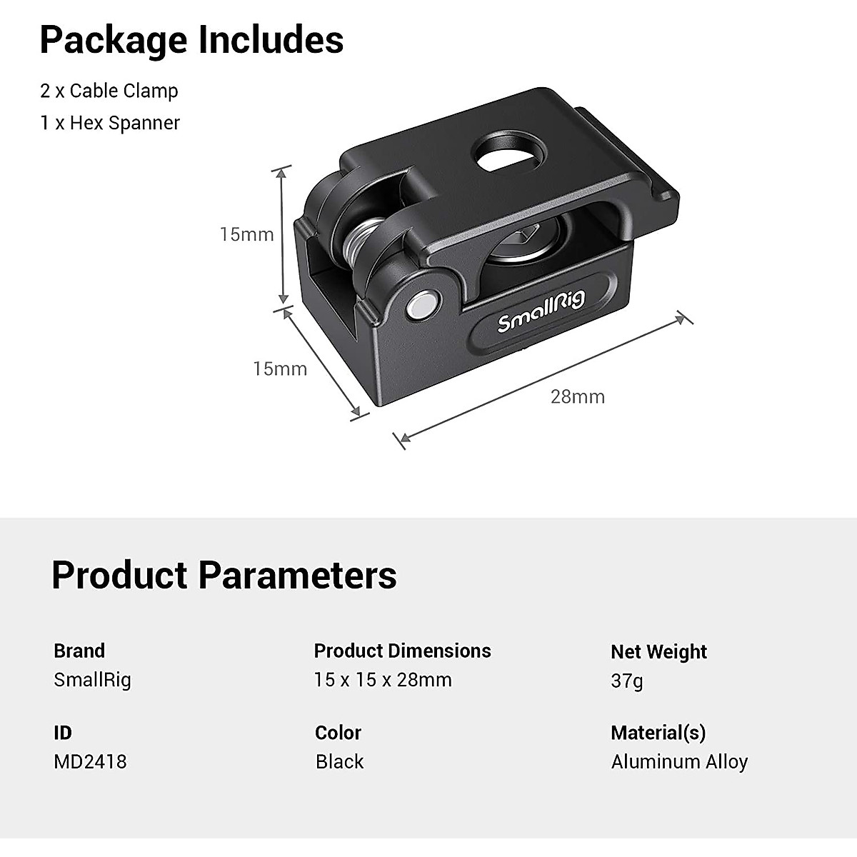 SmallRig Universal Spring Cable Clamp (2 pcs), Lightweight and Portable Cable Clamp Suit for HDMI Cables, Charging Cables, Shutter Cables and Headphone Cables MD2418