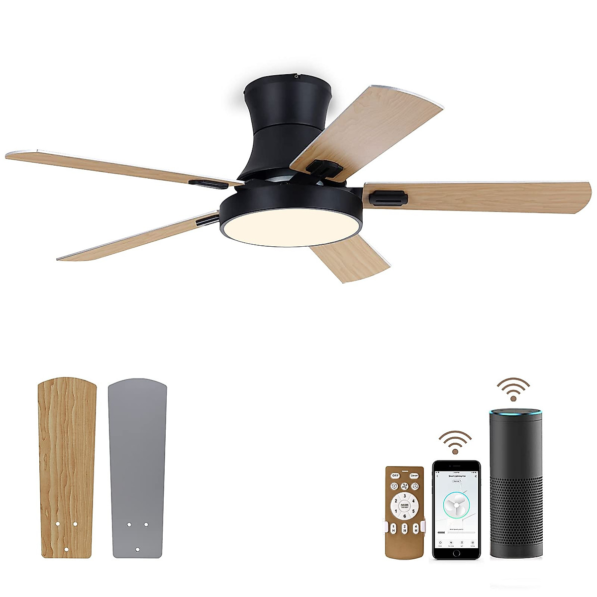 Avatar Controls Smart 50 inch Ceiling Fans Indoor with Light Remote Works with Alexa Google Voice, APP and Remote Control for Bedroom, 6 Speeds Reversible DC Motor, 1800LM LED Kit, 5 Wooden Blades