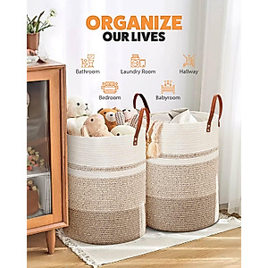 MOXTOYU Laundry Basket, Jute Dirty Laundry Hamper with Leather Handles, Woven Laundry Basket for Pillows, Blankets, Toys, Decorative Basket for Living Room, Bathroom, Bedroom - 72L Brown & White