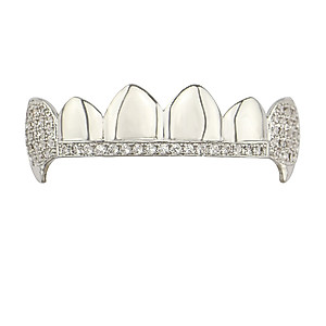 Psivika Gold Plated Shiny Hip Hop Teeth Grillz Caps Iced Out CZ Top and Bottom Vampire Fangs Grillz with Diamonds for Your Teeth for Men and Women (Silver)